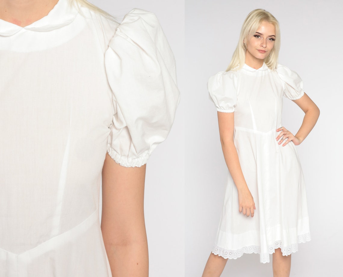 White Peasant Dress 70s Puff Sleeve Day Dress Eyelet Trim High Basque ...