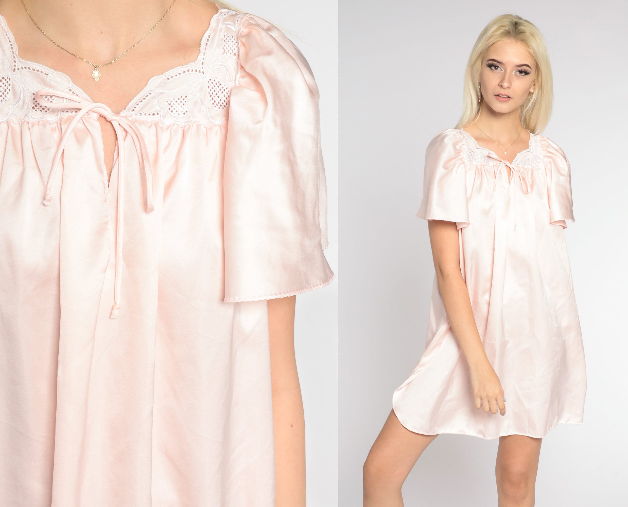 Pink Satin Nightgown 90s Lingerie Mini Dress Floral Lace Trim - Etsy