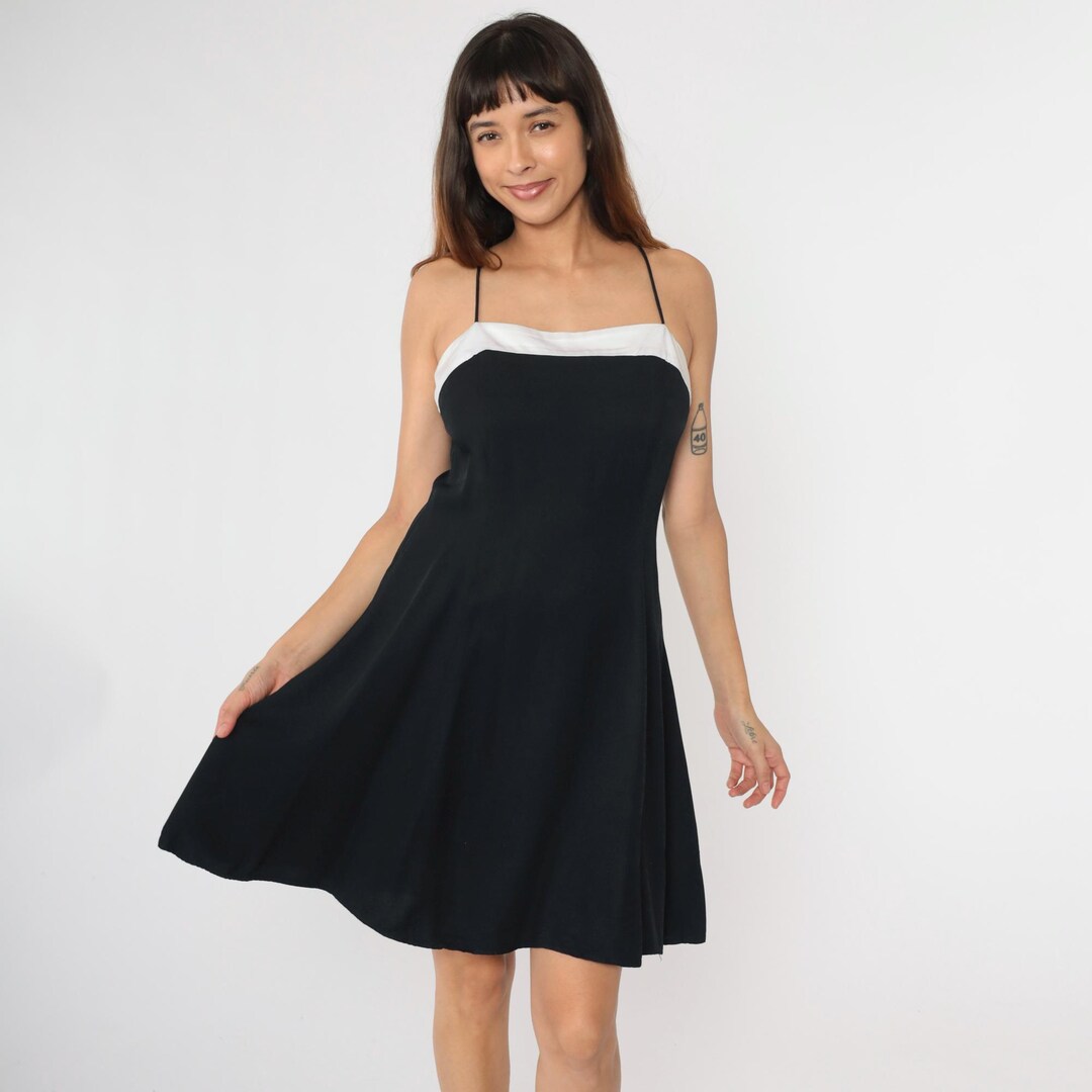 90s Black Party Dress Spaghetti Strap Mini Dress A-line Flared ...