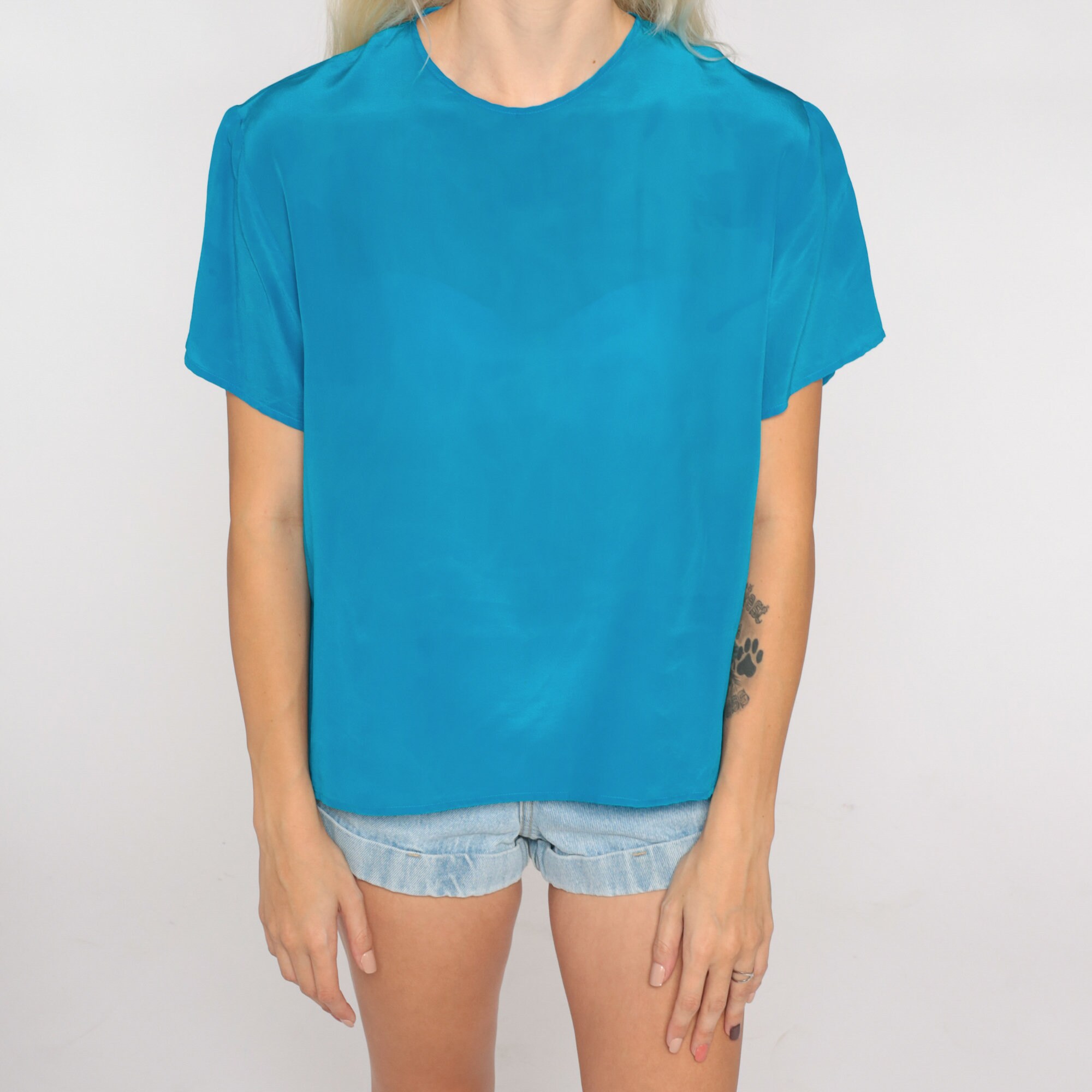 Bright Blue Silk Shirt 90s Semi Sheer Short Sleeve Top Plain Blouse Bright Blue Silk Shirt 90s Semi Sheer Short Sleeve Top Plain Blouse