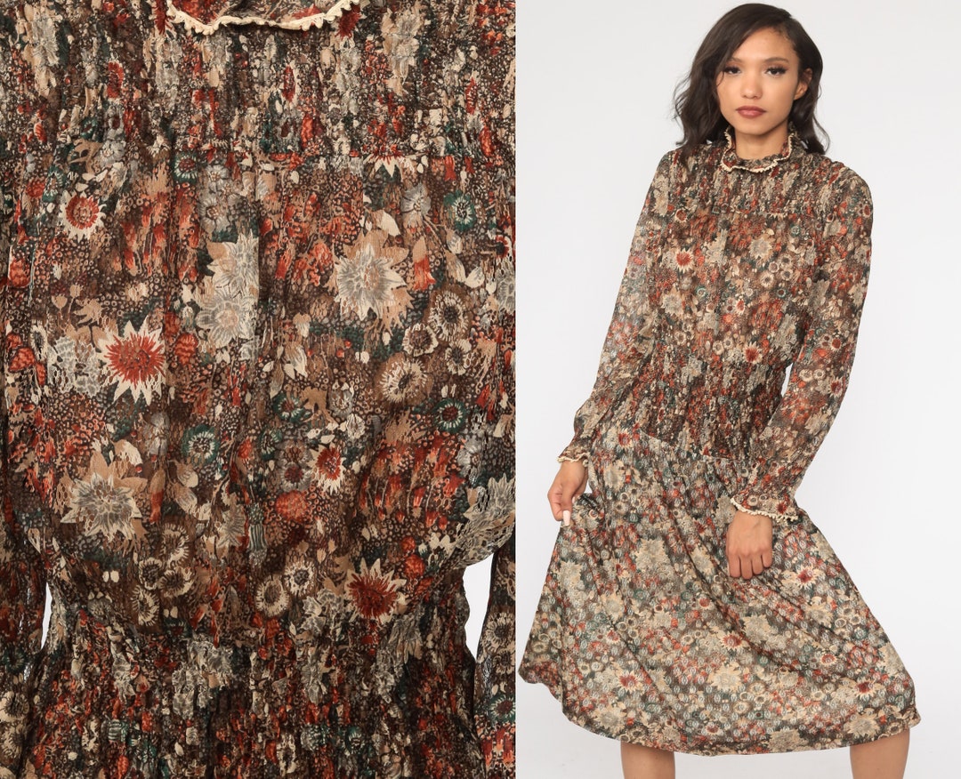 Brown Floral Dress Midi Bohemian 70s Boho Vintage PRAIRIE - Etsy