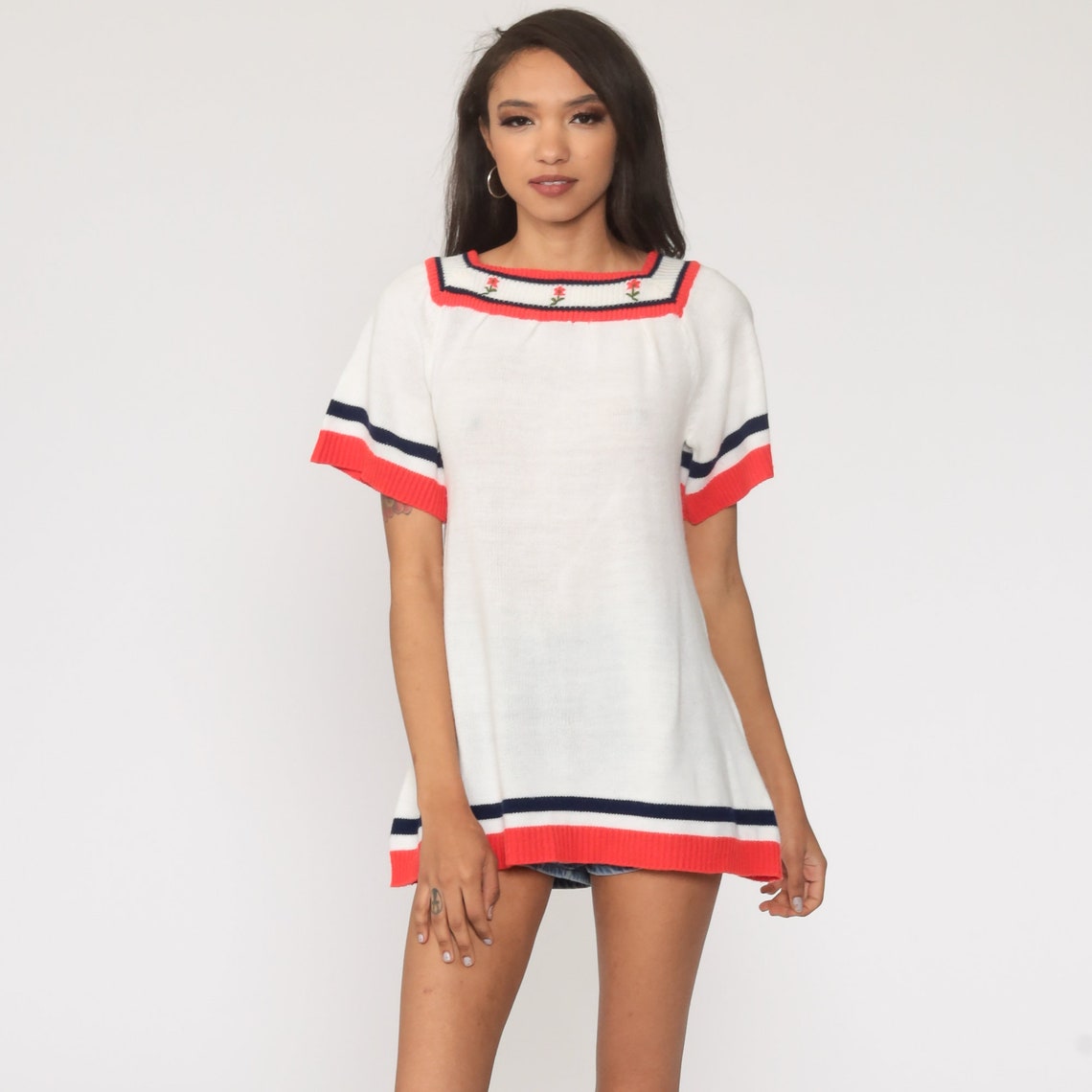 Embroidered Knit Top 70s FLORAL Knit Shirt White Red Short Sleeve ...