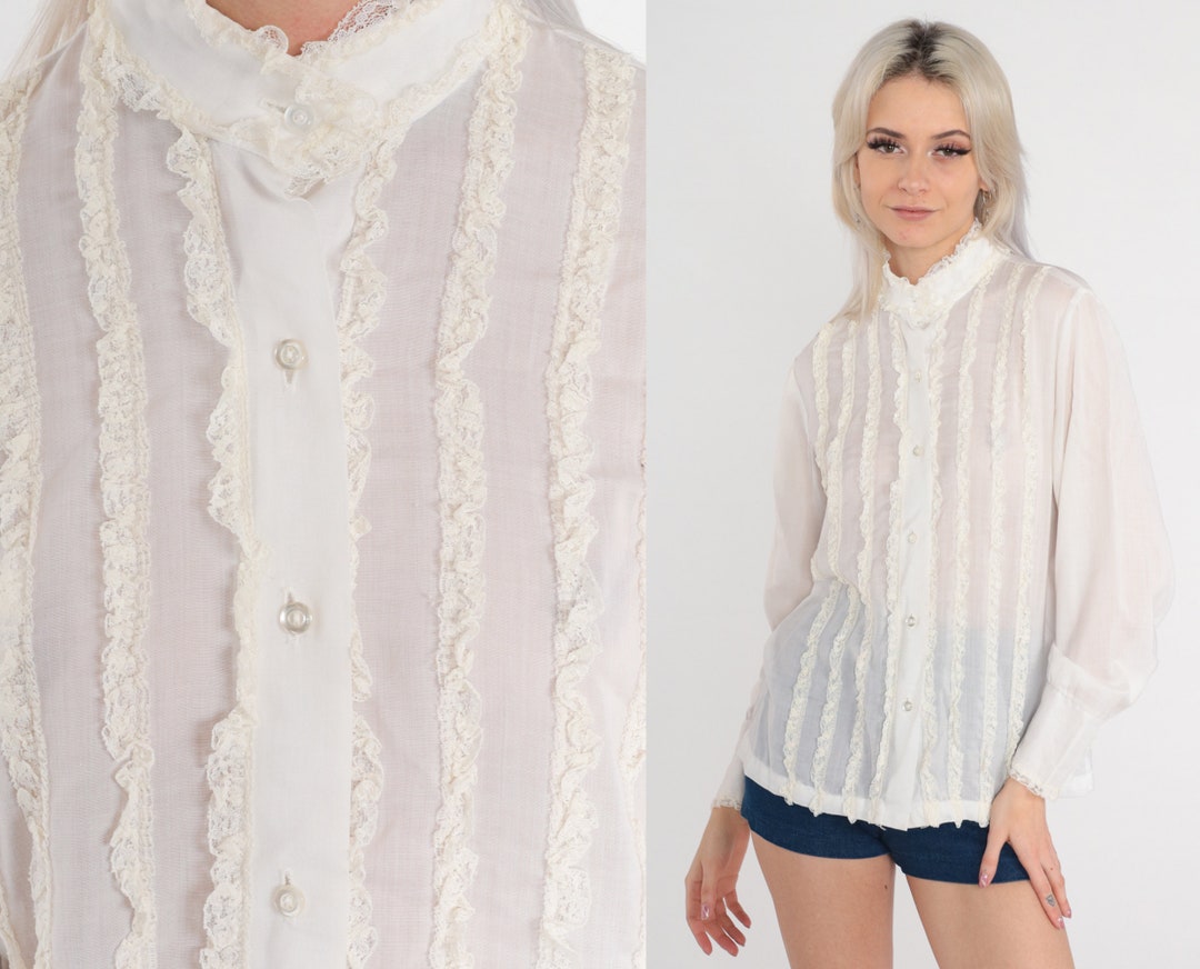 Lace Ruffle Blouse 70s Semi-sheer White Button up Top Victorian High ...