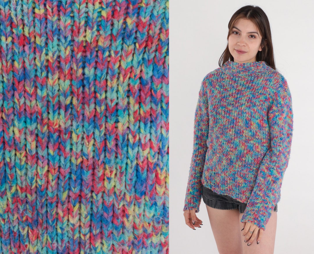 Chunky Knit Sweater Y2K Colorful Pullover Mockneck Sweater Red Blue ...