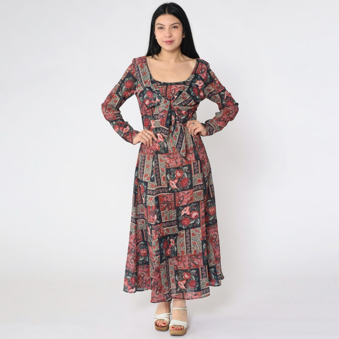 Vintage Patchwork Floral Dress 90s Tie up Chest Red Black Maxi Semi ...