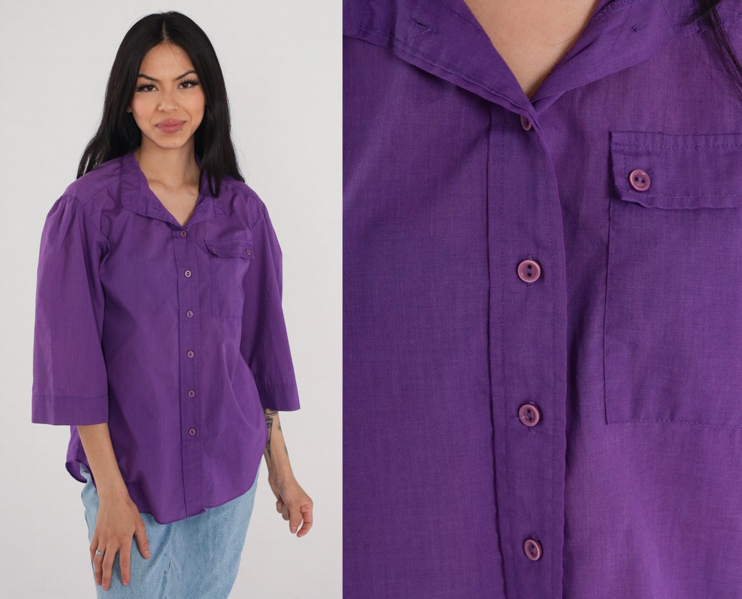 Purple Blouse 90s Button up Top Retro Preppy Collared Shirt Plain 3/4 ...