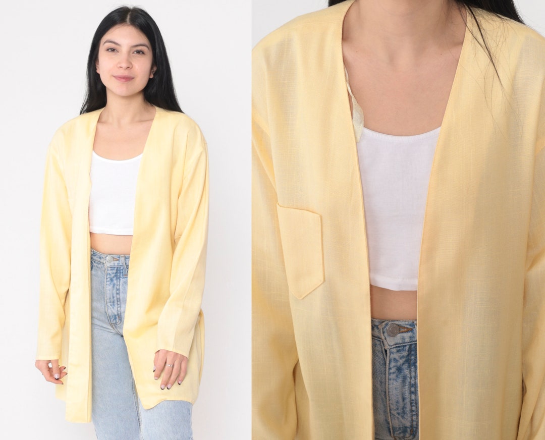 Pastel Yellow Jacket 90s Open Front Cardigan Longline Jacket Retro ...