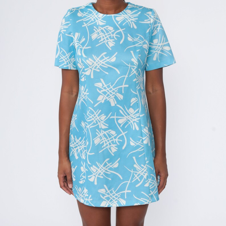 70s Mini Dress Abstract 60s Shift Mod Dress Blue Short Sleeve | Etsy