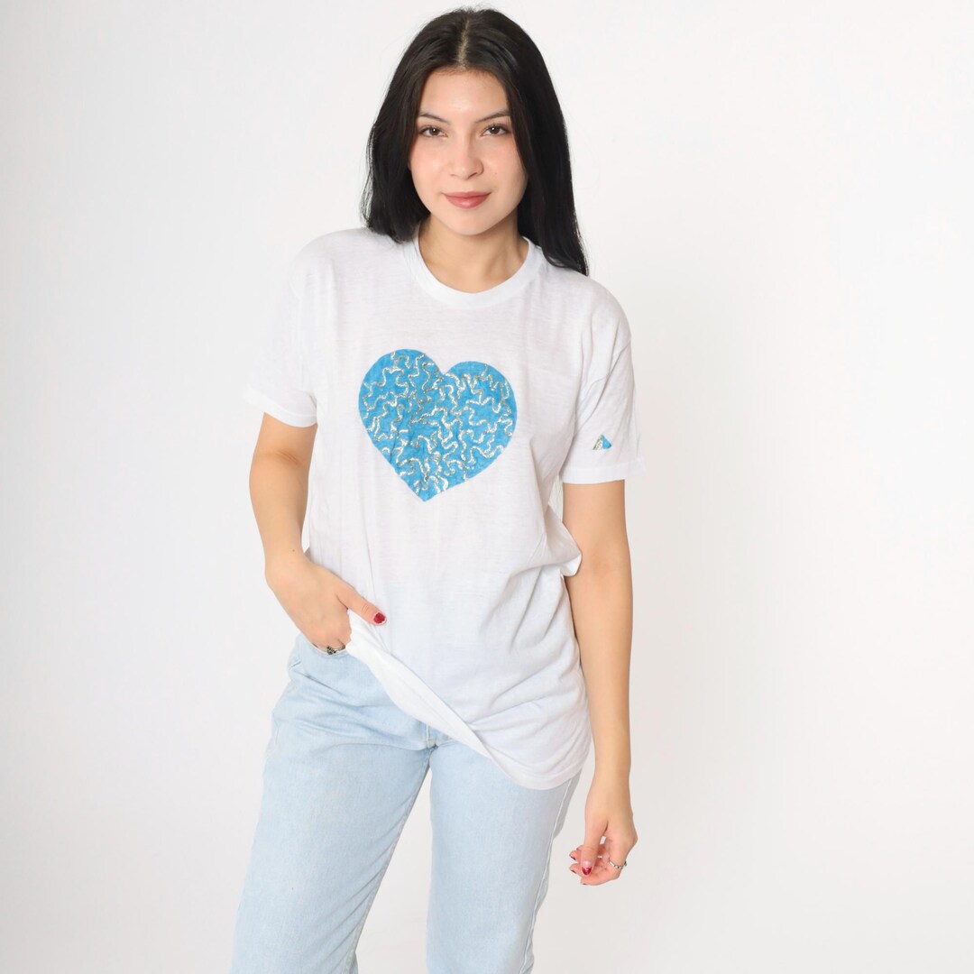 Vintage 80s Heart T-shirt Glitter Hand Painted Tee Basic Graphic Tshirt ...