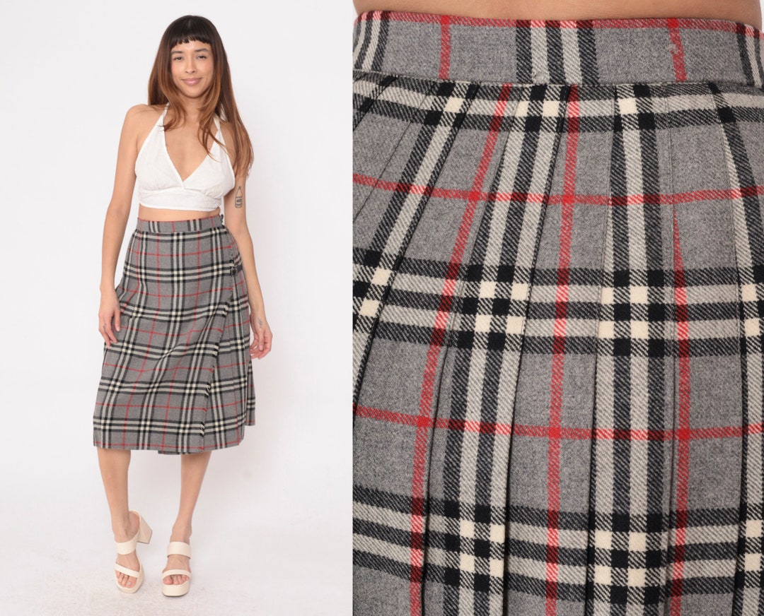 Grey Plaid Skirt 90s English Kilt Skirt School Midi Wool Pleated Tartan ...