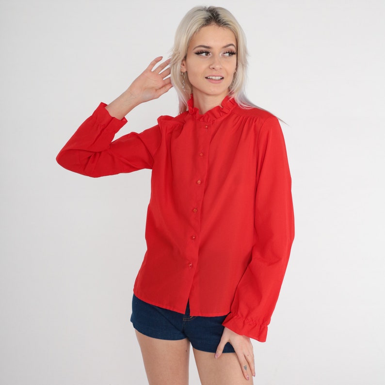Red Ruffle Blouse 80s Semi-sheer Button up Shirt High Neck Top - Etsy