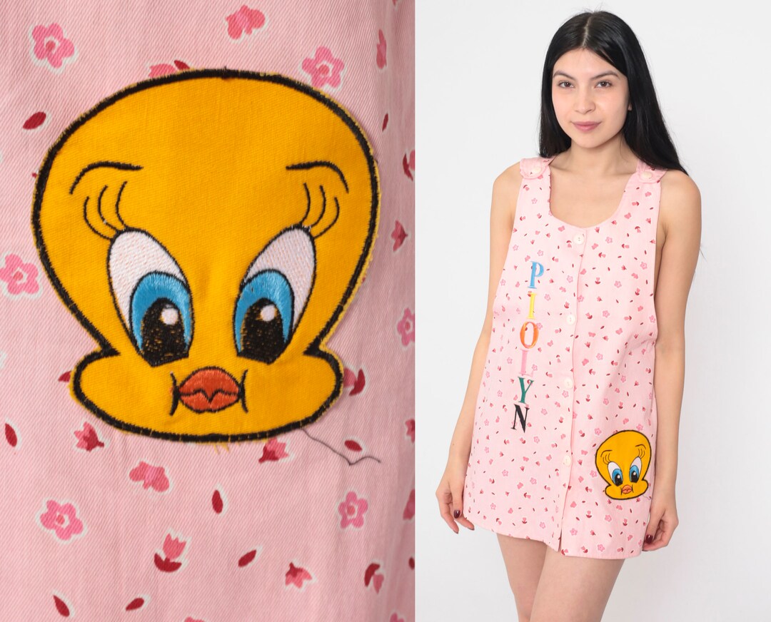 Tweety Bird Dress 90s Pink Floral Micro Mini Dress PIOLYN Embroidered ...