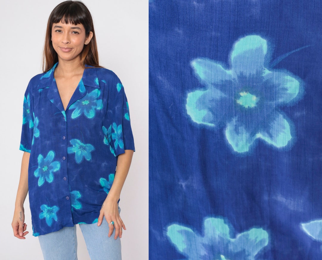 Blue Floral Blouse 90s Button up Shirt Retro Short Sleeve Top Aqua ...