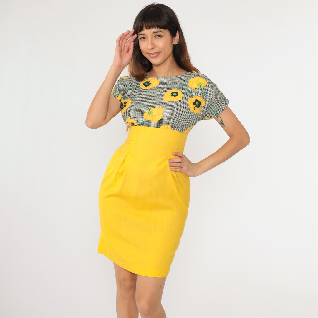 80s Yellow Floral Dress Empire Waist Black Gingham Checkered Poppy ...