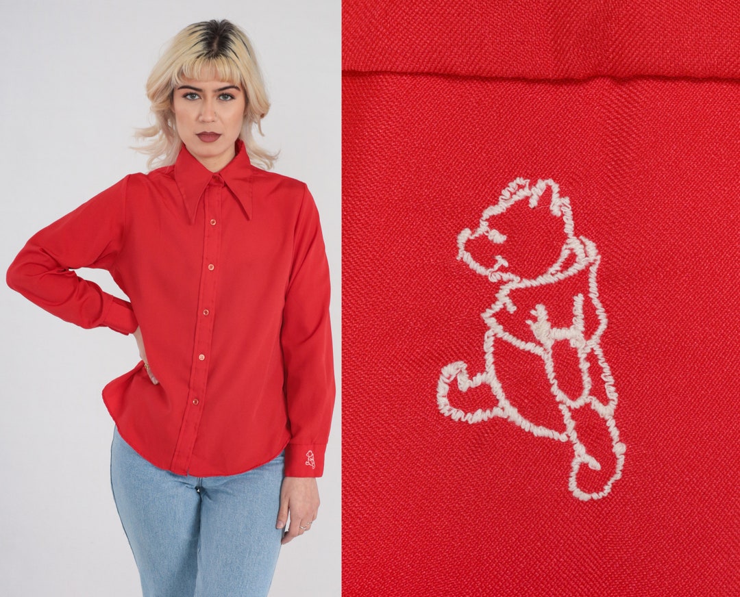 70s Winnie the Pooh Shirt Red Blouse Button up Disney Top Embroidered ...