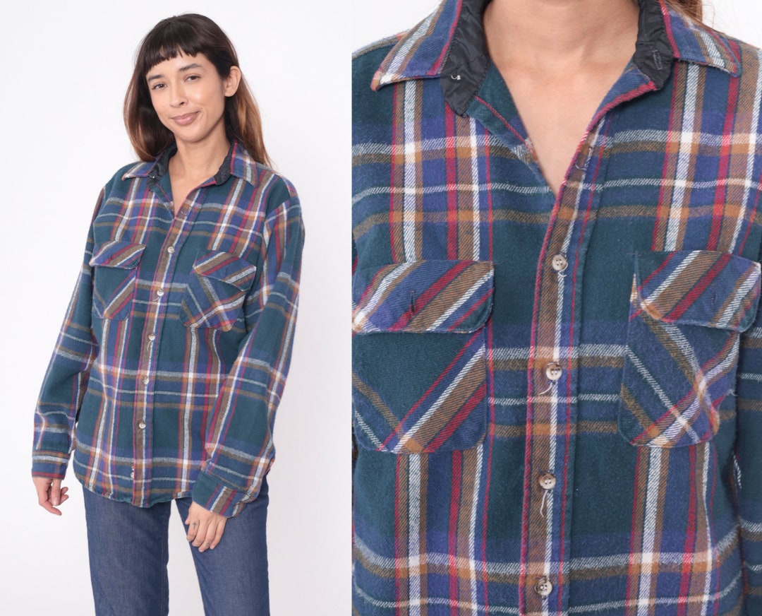 90s Flannel Shirt Teal Red Blue Plaid Button up Shirt Grunge Lumberjack ...
