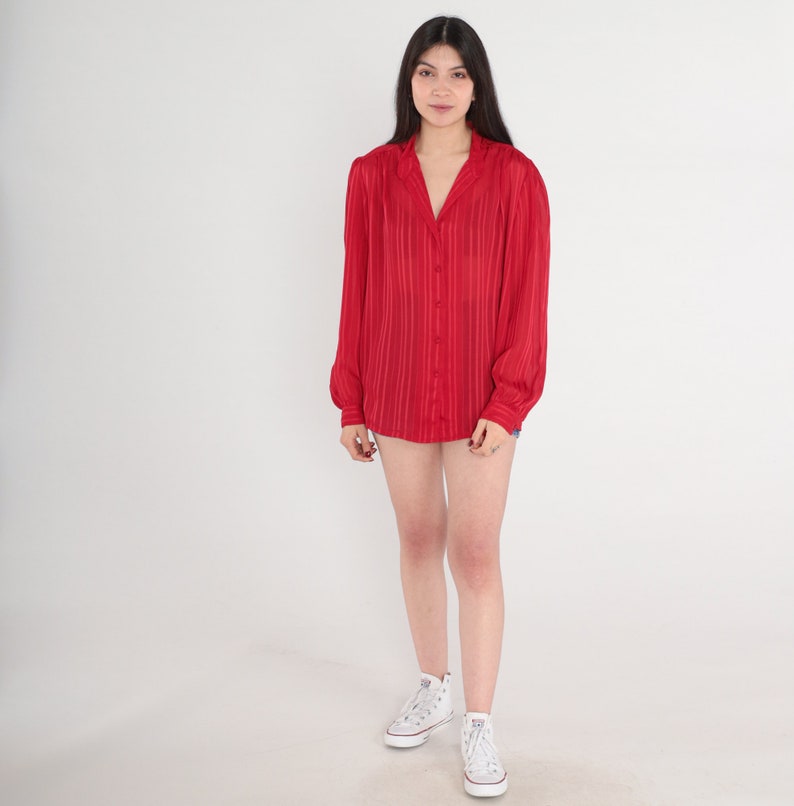 Red Striped Blouse 70s Semi-sheer Button up Top Puff Sleeve Shirt Retro ...