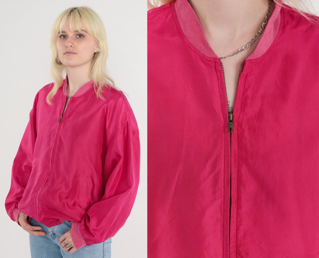 Hot Pink Silk Bomber Jacket 90s Zip up Windbreaker Jacket Retro Sporty ...