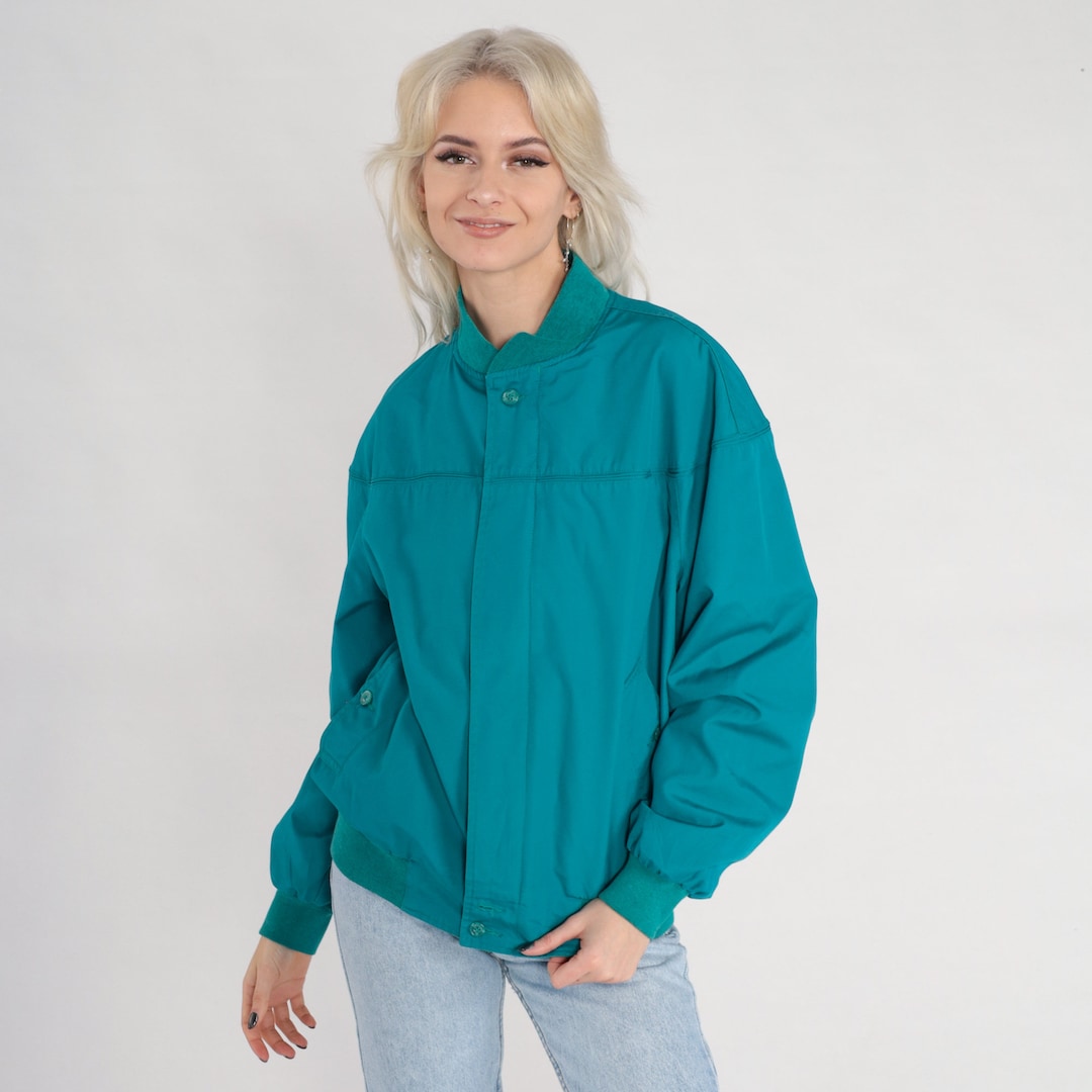Teal Green Windbreaker 80s Bomber Jacket Plain Retro Zip up Jacket ...