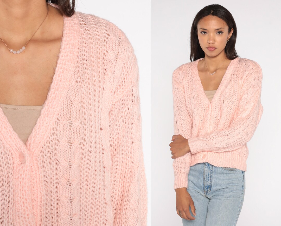 Pink Cardigan Sweater 80s Pastel Cable Knit Sweater Grandma Open Weave ...