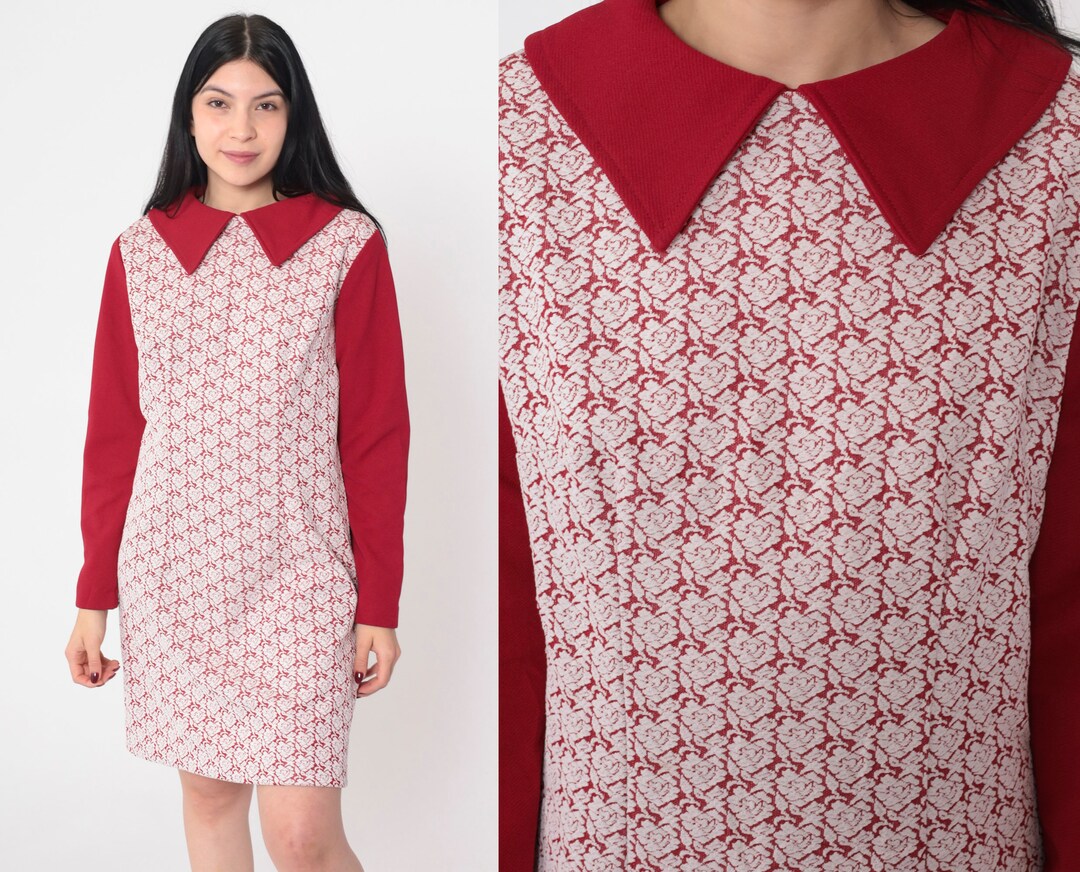 Red Heart Dress 70s Mod Mini Dress Long Sleeve Collared Shift Floral ...