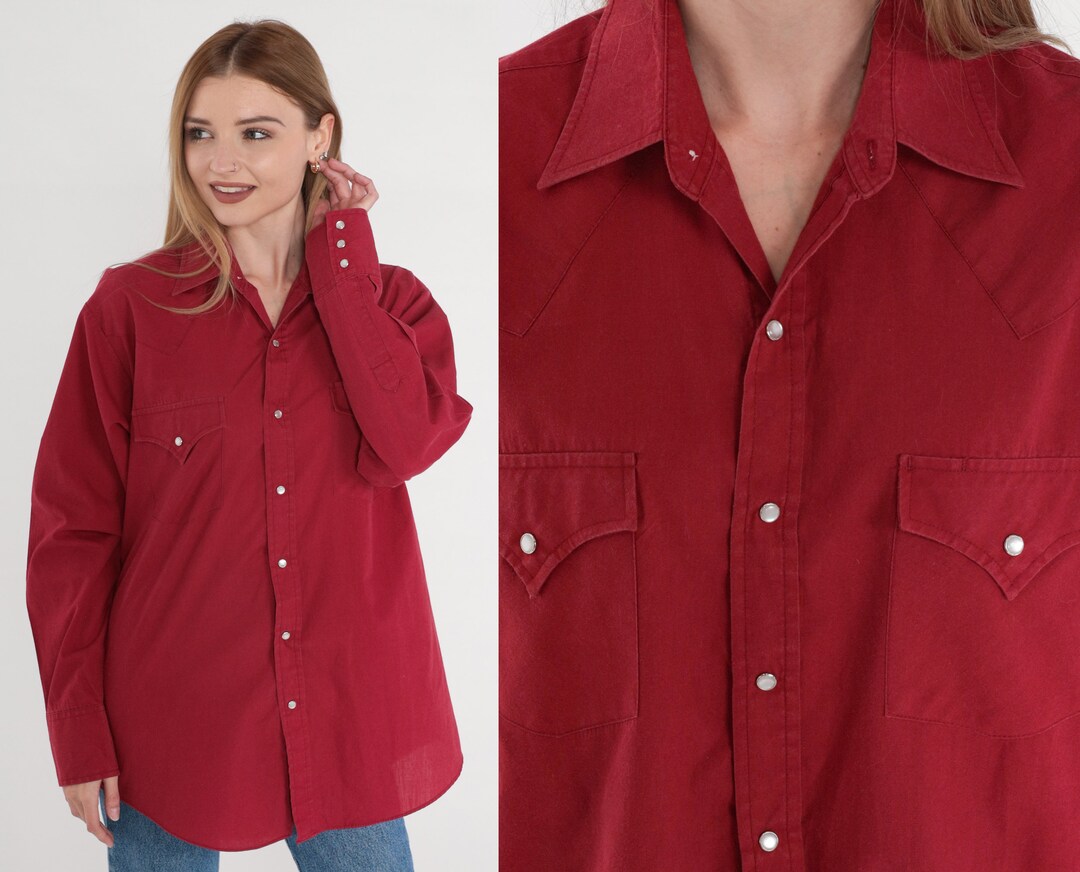 Red Western Shirt 90s Pearl Snap Shirt Button up Collared Cowboy Top ...