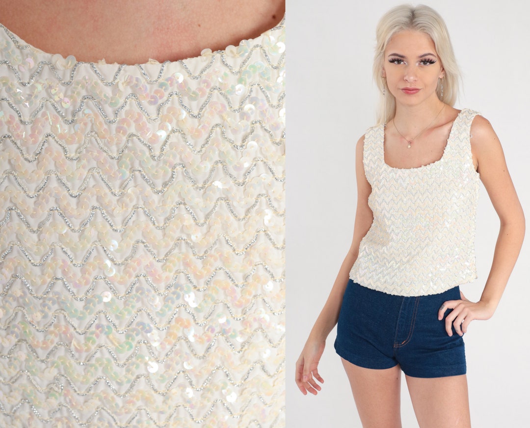 60s Sequin Top White Sparkly Blouse Tank Party Mod Vintage - Etsy