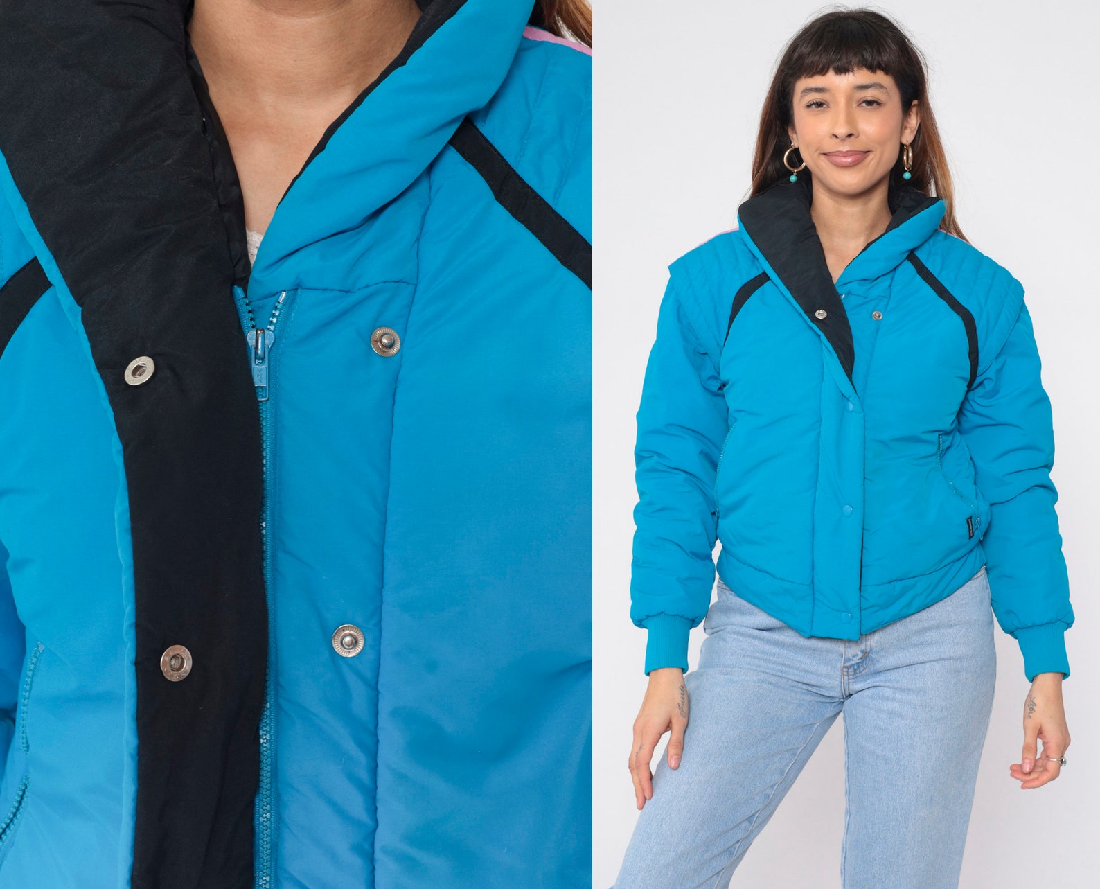 Convertible Puffer Jacket 80s Ski Jacket Bright Blue Retro Zip off ...