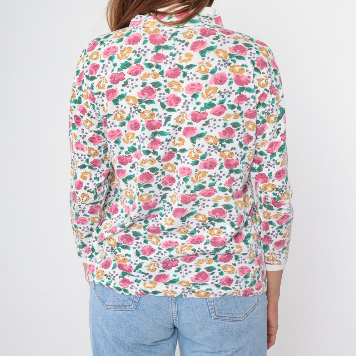 90s Floral Mock Neck Shirt White Rococo Pink Rose Print T-shirt Long ...