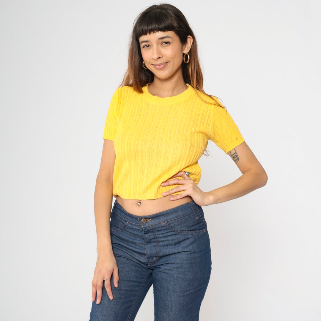 Yellow Cropped Sweater Top 90s Ribbed Knit Shirt Short Sleeve Sweater ...