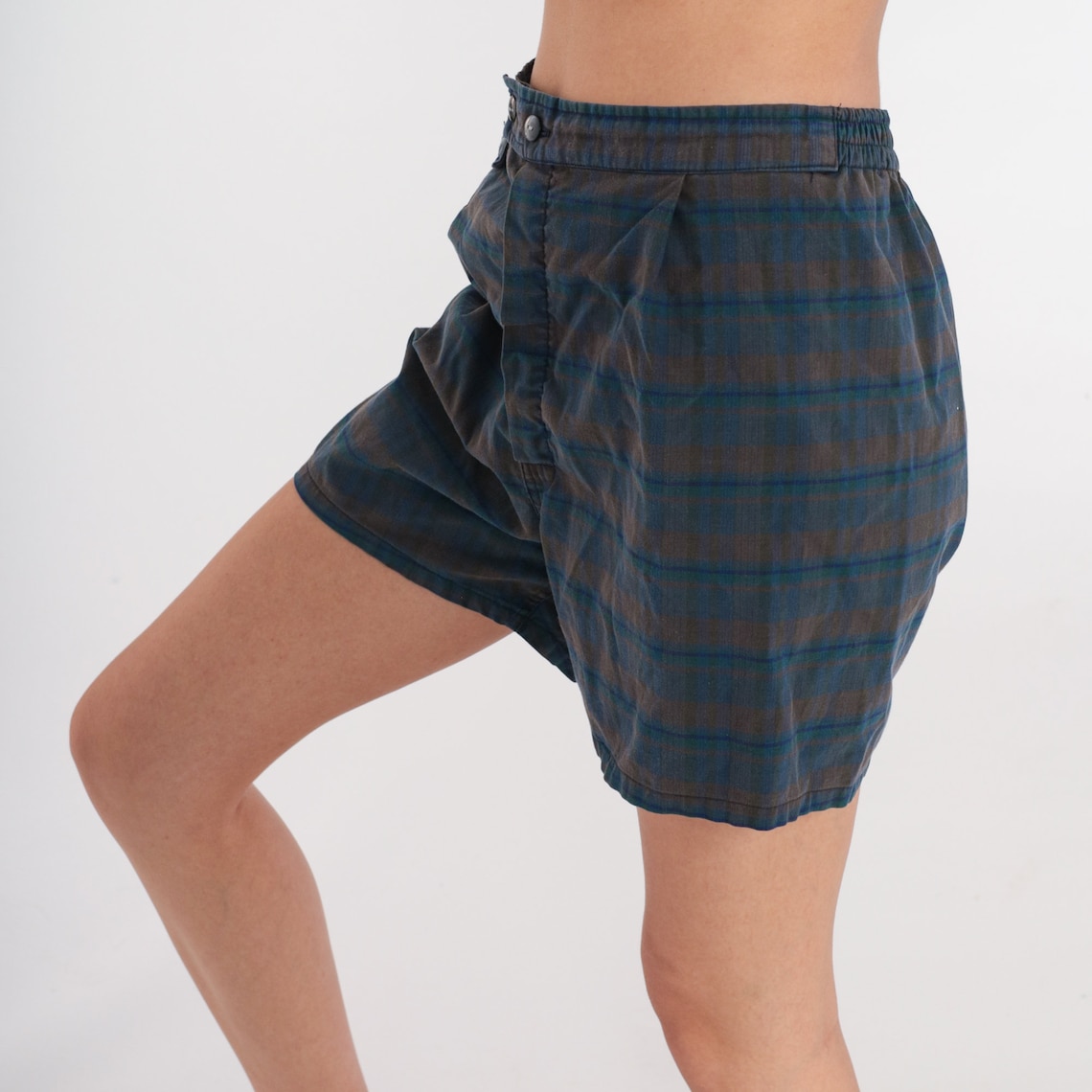 70s Plaid Swim Trunks Vintage Bathing Suit Dark Blue Brown Shorts ...