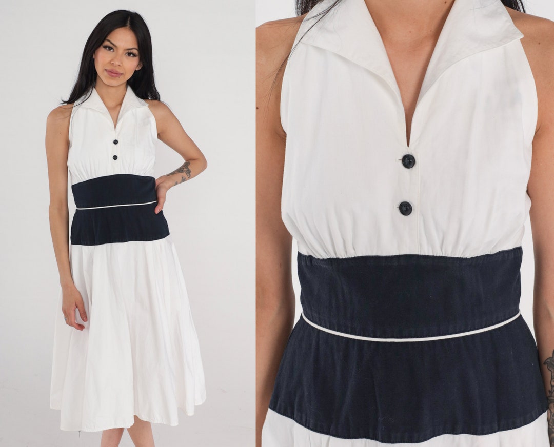80s Sun Dress White Black Midi Dress Fit Flare Sundress Retro Criss ...