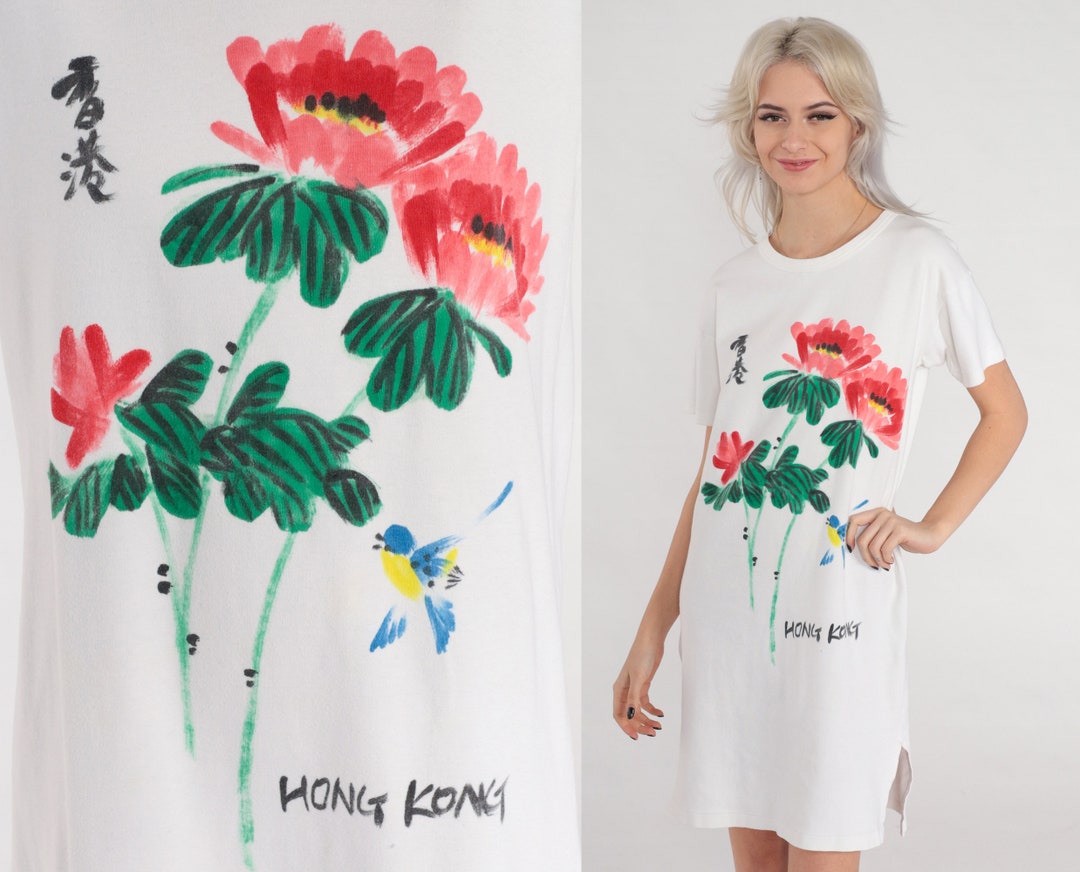 Hong Kong T-shirt Dress 80s Asian Floral Tshirt Chinese Hanzi Flower ...