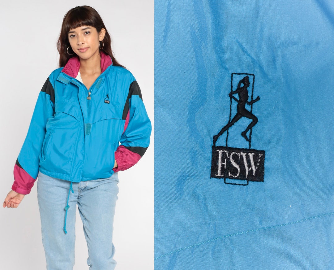 90s Windbreaker Blue Hoodie Warm up Jacket Pink Color Block Hooded Zip ...