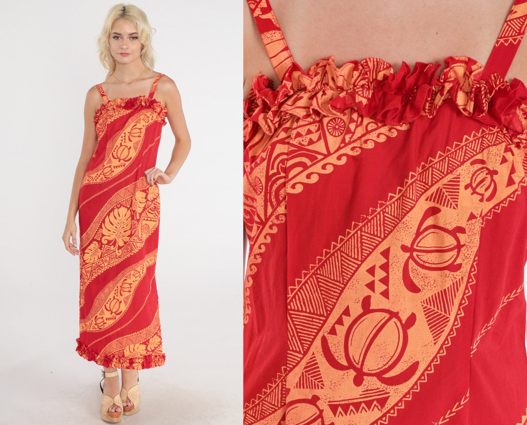 Hawaiian Sun Dress 90s Maxi Sea Turtle Print Red Tropical Leaf Sundress ...