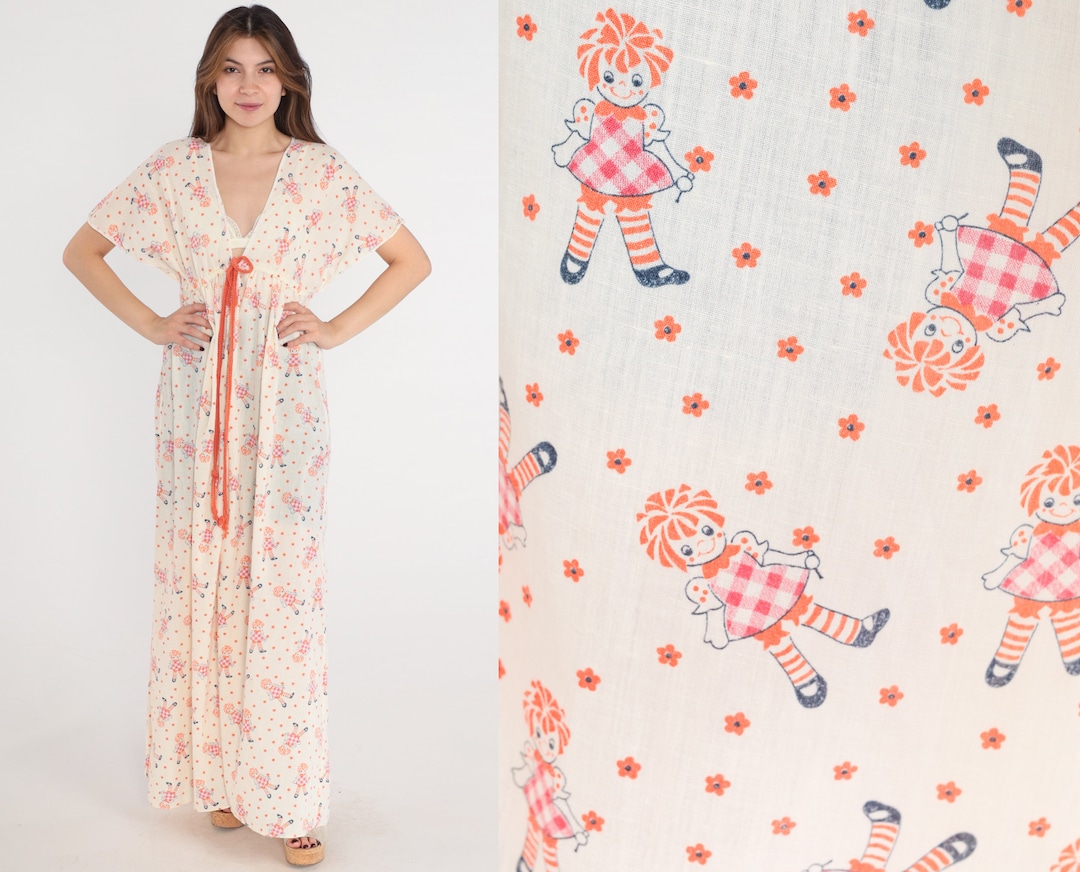 Raggedy Ann Robe 70s Long Pajama Jacket Novelty Print Maxi Peignoir ...