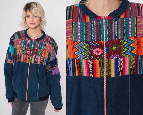Patchwork Guatemalan Jacket 90s Blue Bomber Jacket Hi… - Gem