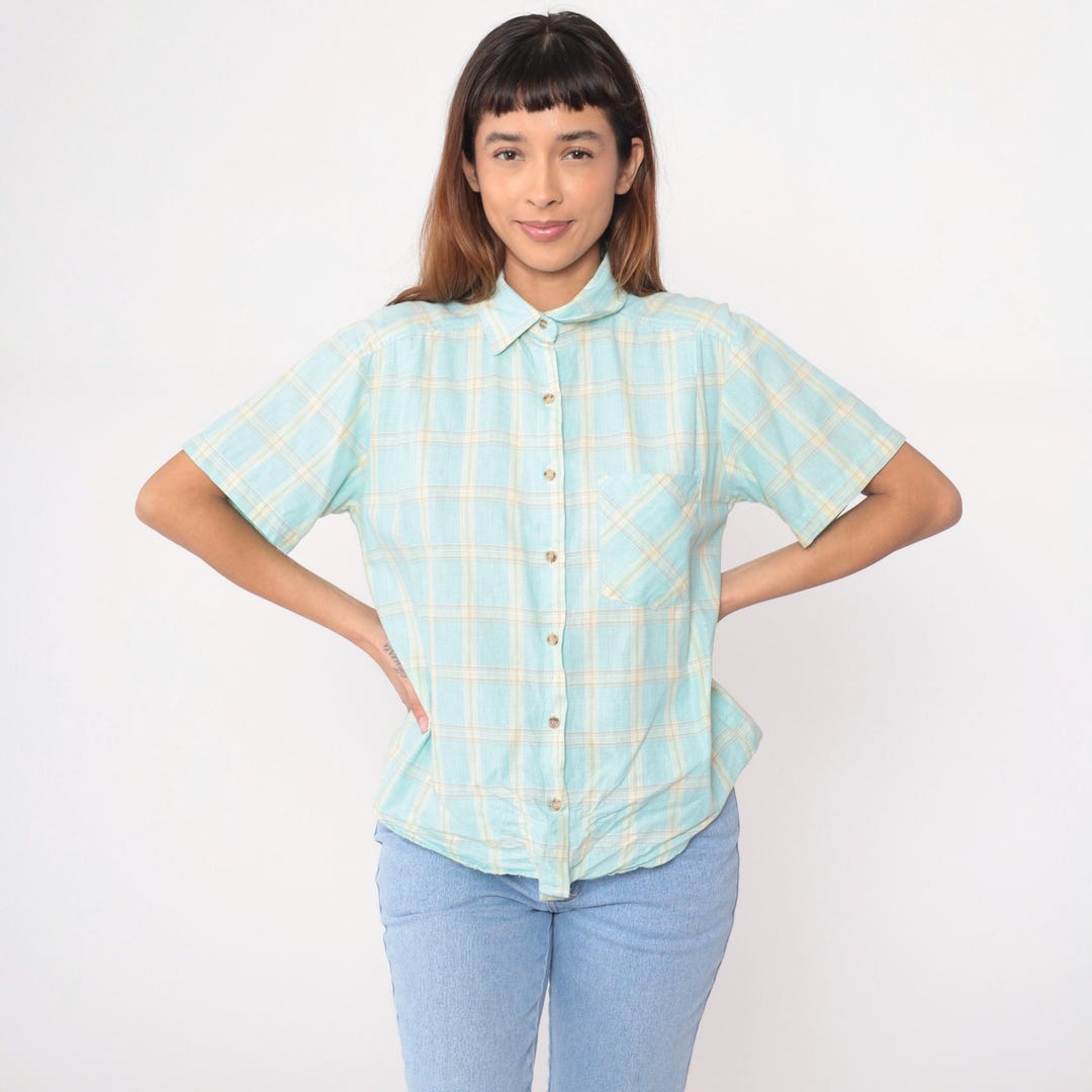 Light Blue Plaid Shirt 90s Mint Green Cotton Chest Pocket Preppy Style ...