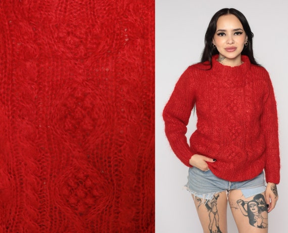 Red Angora Sweater 80s Cable Knit Sweater Semi-sheer Pullover - Etsy