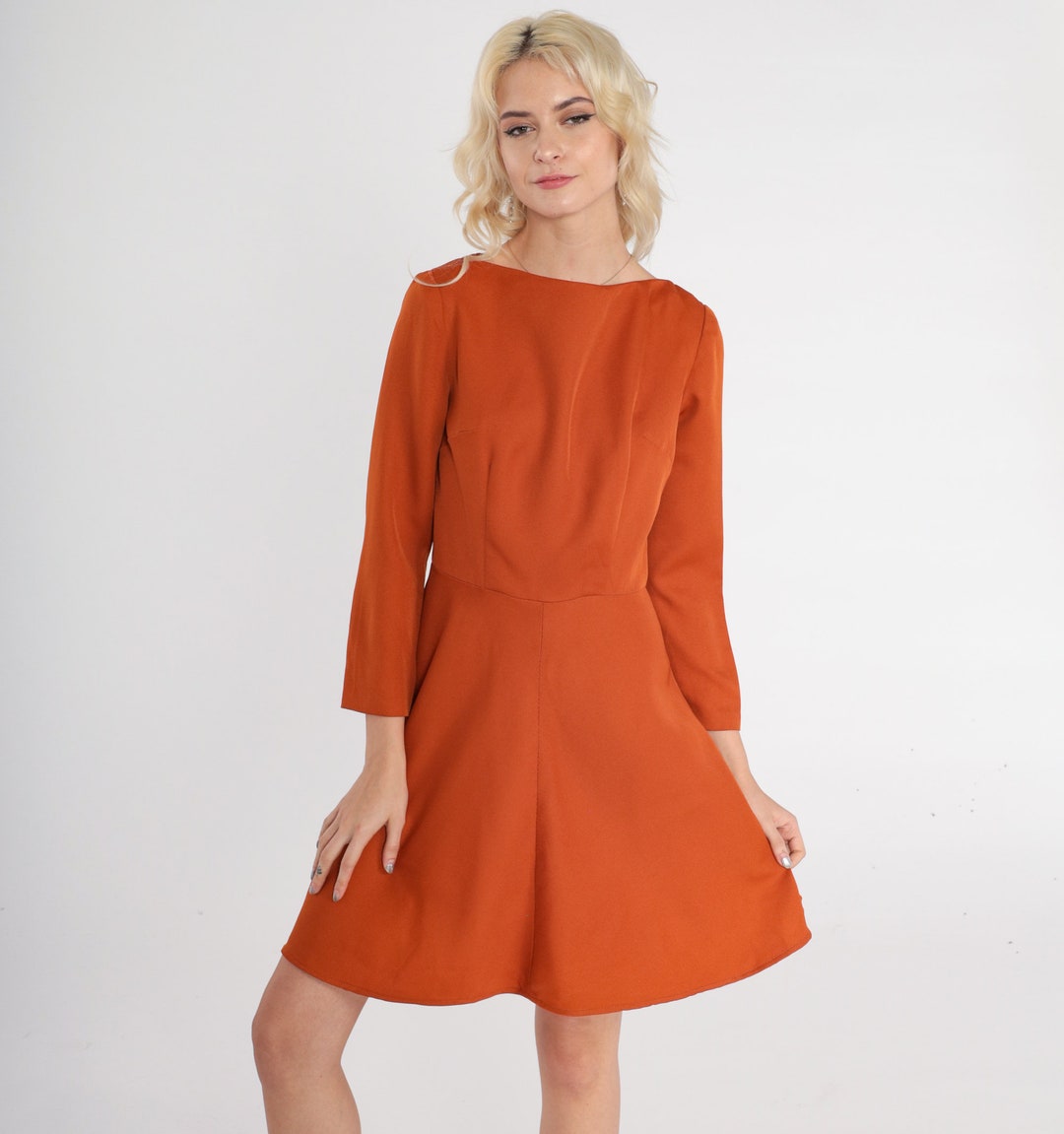 70s Mini Dress Burnt Orange Dress Fit and Flare High Waisted Boho Plain ...