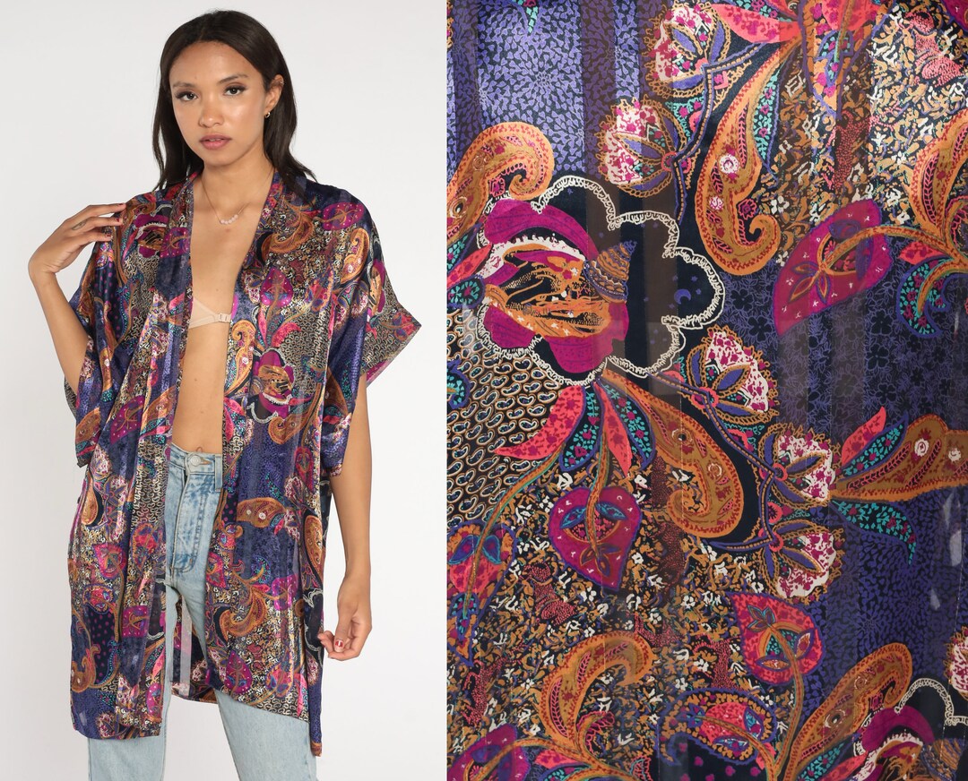 Paisley Floral Robe 90s Short Kimono Mini Lingerie Jacket Open Front ...