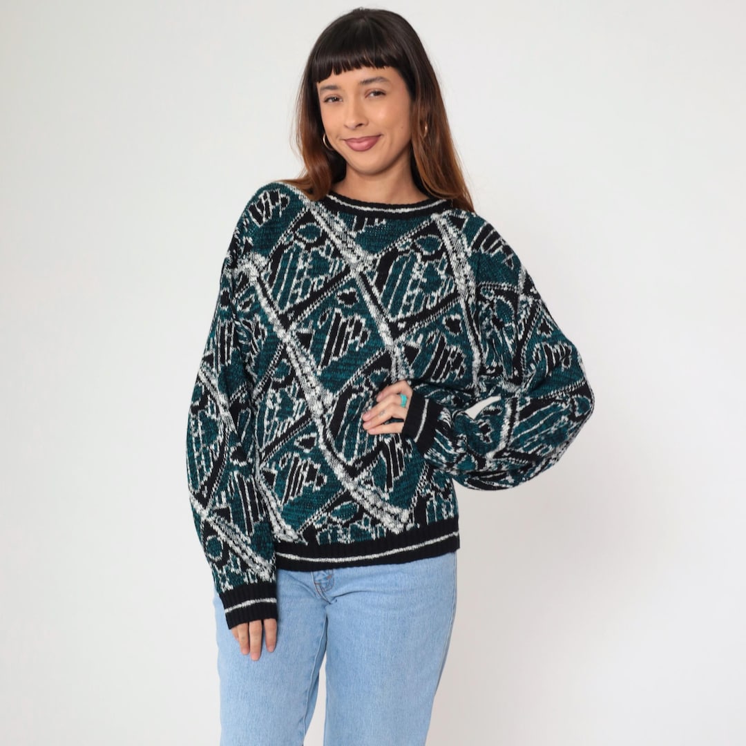 Vintage Geometric Sweater 80s 90s Abstract Sweater Teal Black Marled ...