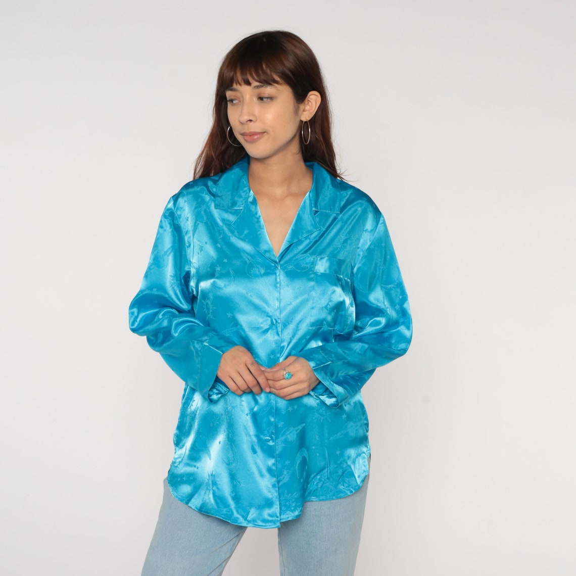 Celestial Pajama Top 90s Bright Blue Satin Pajamas Lingerie - Etsy