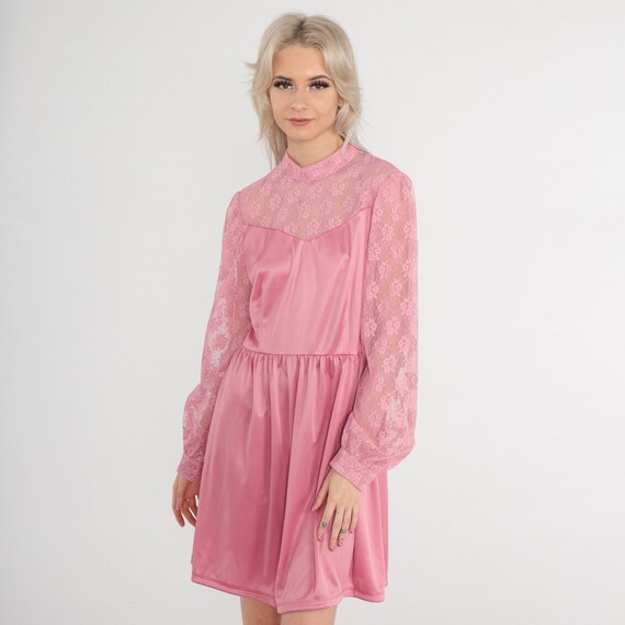 70s Victorian Dress Mini LACE Party Dress Grecian Pin… - Gem