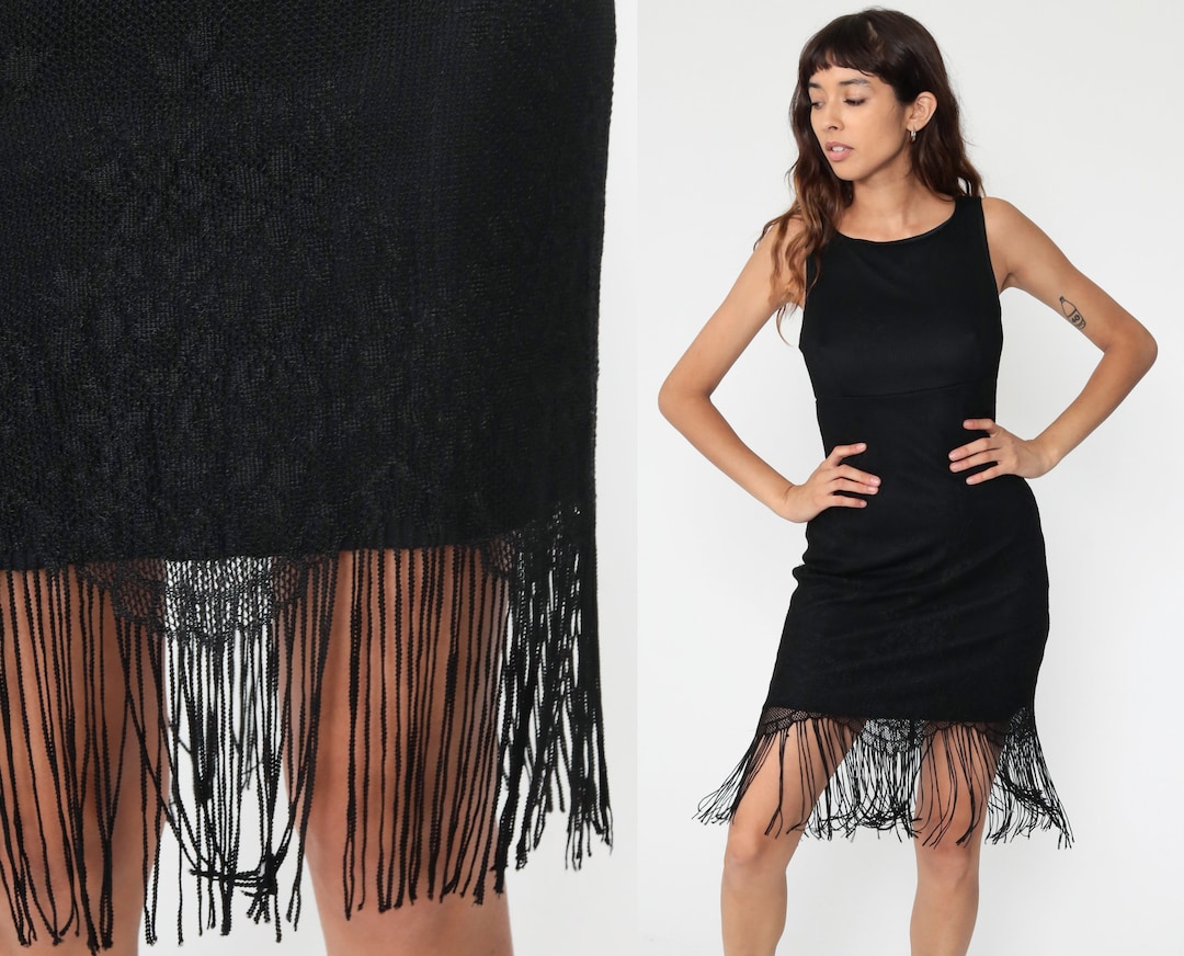 Black Fringe Dress LACE Flapper Gothic Mini 90s Boho Party Dress ...