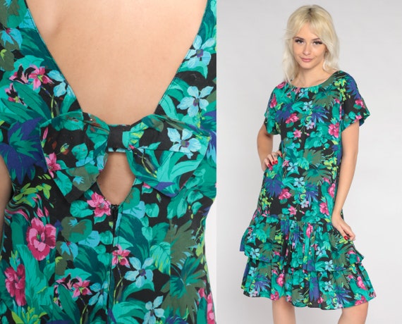 Tropical Mini Dress 90s Hawaiian Floral Leaf Print Ti… - Gem