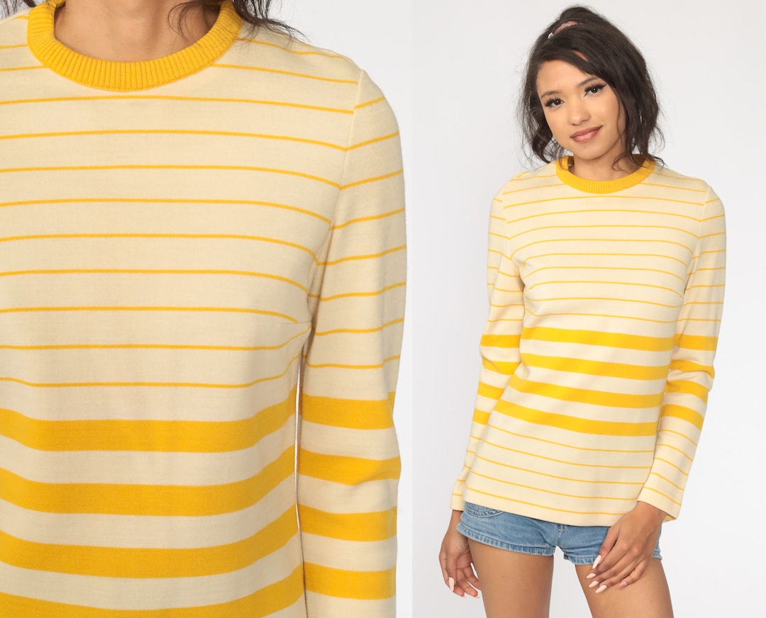 70s Striped Shirt Yellow Ringer Shirt Space Age Shirt Mod Top Polyester ...