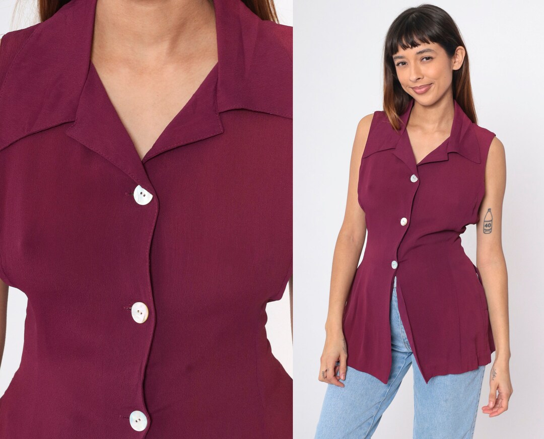 90s Tank Top Purple Longline Side Slit Collared Shirt 1990s Sleeveless ...