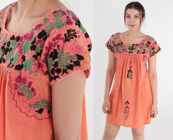 Oaxacan Dress 70s Mexican Floral Embroidered Mini Dre… - Gem