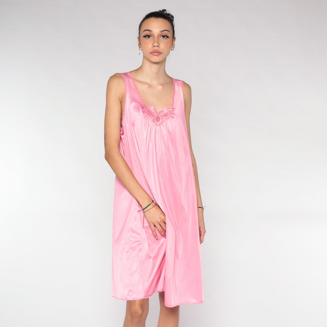 Pink Nightgown 80s Midi Slip Lounge Dress Sleeveless Knee Length Shift ...